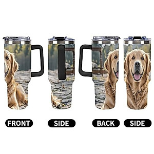 LLUTSNTH 40 Oz Vacuum Tumbler with Black Handle Leakproof Insulated Tumbler Golden Retriever Dog Stainless Steel Travel Mug with Lid And Straw Coffee Cup Cute Water Bottles Cup Holder Friendly
