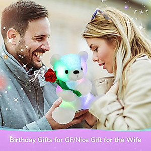 Houwsbaby Glow Teddy Bear with Rose Stuffed Animal for Graduate Soft Light Up Plush Toy LED Night Lights Valentine’s Day Presents for Kids Toddler Girlfriend,White,10.5''