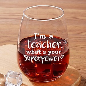 Gtmileo Teacher Gift - Funny I'm a Teacher What's Your Superpower Stemless Wine Glass, Teacher's Day Gift for Teacher, Tutor, Professor, Appreciation Gift, Thanks Gift for Birthday, Christmas, 15Oz