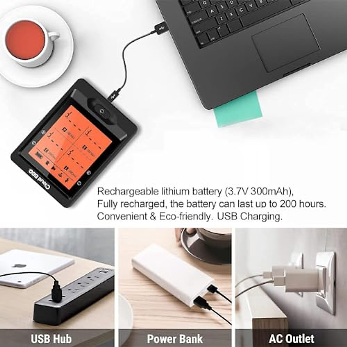 Cloud BBQ 500FT Wireless Meat Thermometer, Smart Rechargeable BBQ Thermometer with Four Probes, Bluetooth Meat Thermometer for Somker, Oven,Grilling, Cooking Turkey Fish Beef (FS-66)