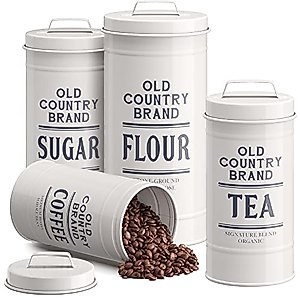 Barnyard Designs White Canister Sets for Kitchen Counter, Vintage Kitchen Canisters, Country Rustic Farmhouse Decor for the Kitchen, Coffee Tea Sugar Flour Farmhouse Kitchen Decor, Metal, Set of 4