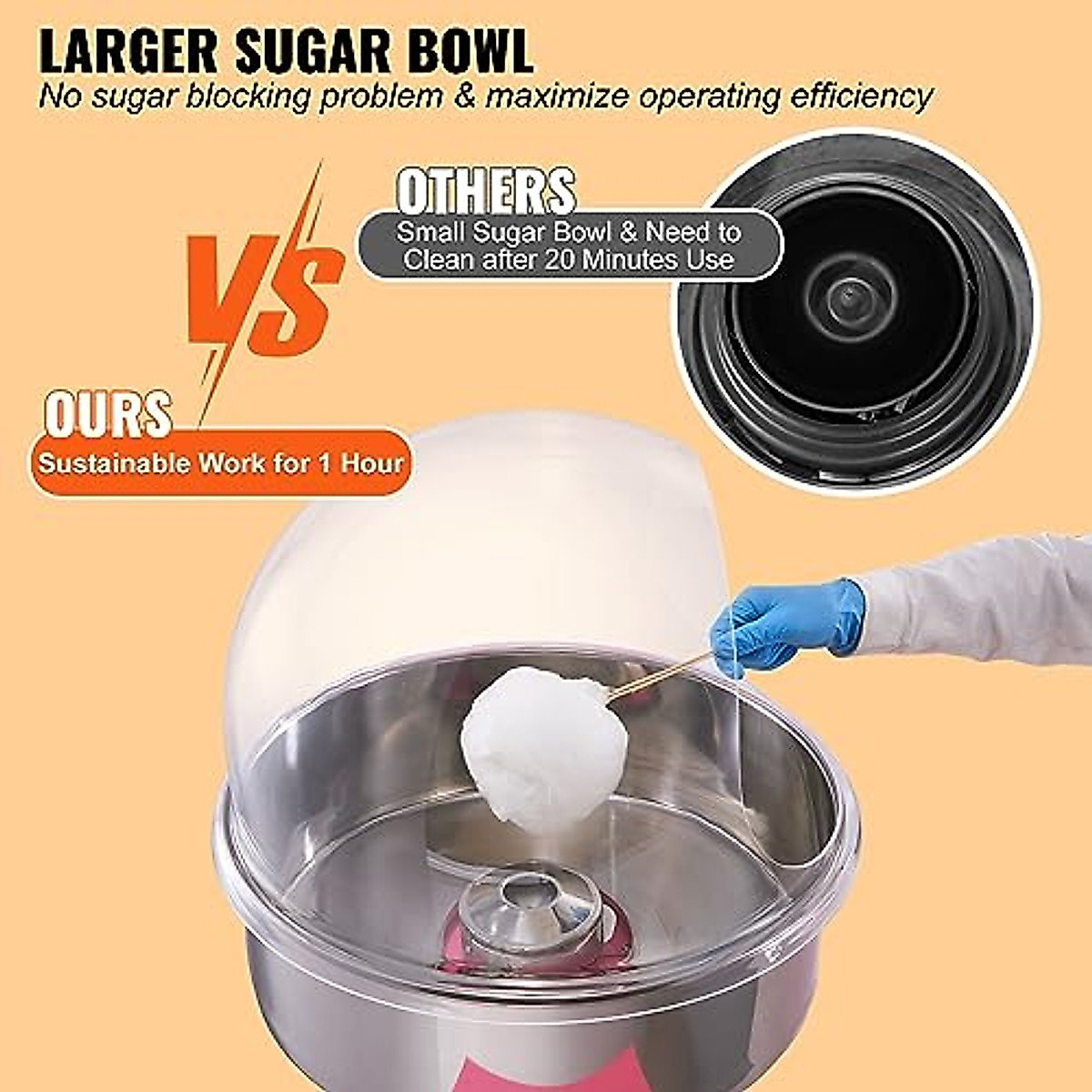 VEVOR Electric Cotton Candy Machine Cart with Bubble Cover Shield, 1000W Commercial Floss Maker with Stainless Steel Bowl, Sugar Scoop and Drawer, Perfect for Home, Kids Birthday, Family Party, Pink