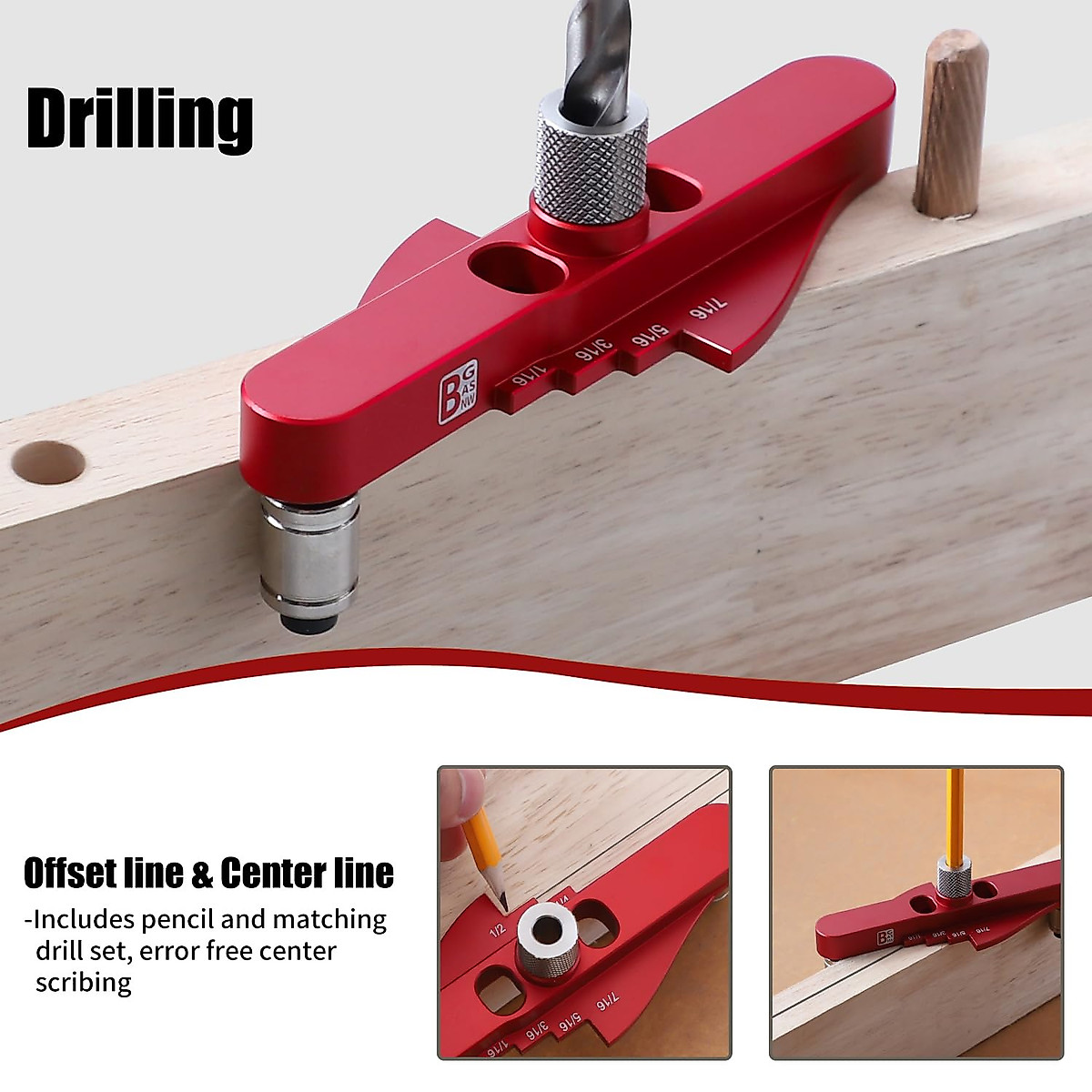 BGASNW Dowel Jig Kit, Doweling Jig for Woodworking, Self-centering Line Scriber Woodworking Tools, Drill Guide for Straight Holes with Drill Bit Set 1/4", 5/16", 3/8" and Drill Bit Stop Collar Set