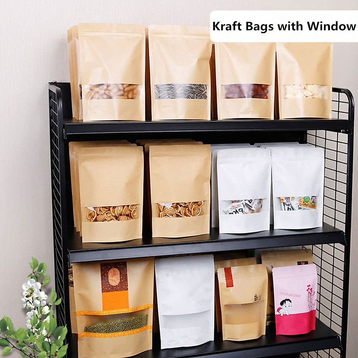 50 pcs Kraft Bags with Window Stand Up Ziplock Seal Paper Bag Resealable Large Food Storage Pouch 10x14in