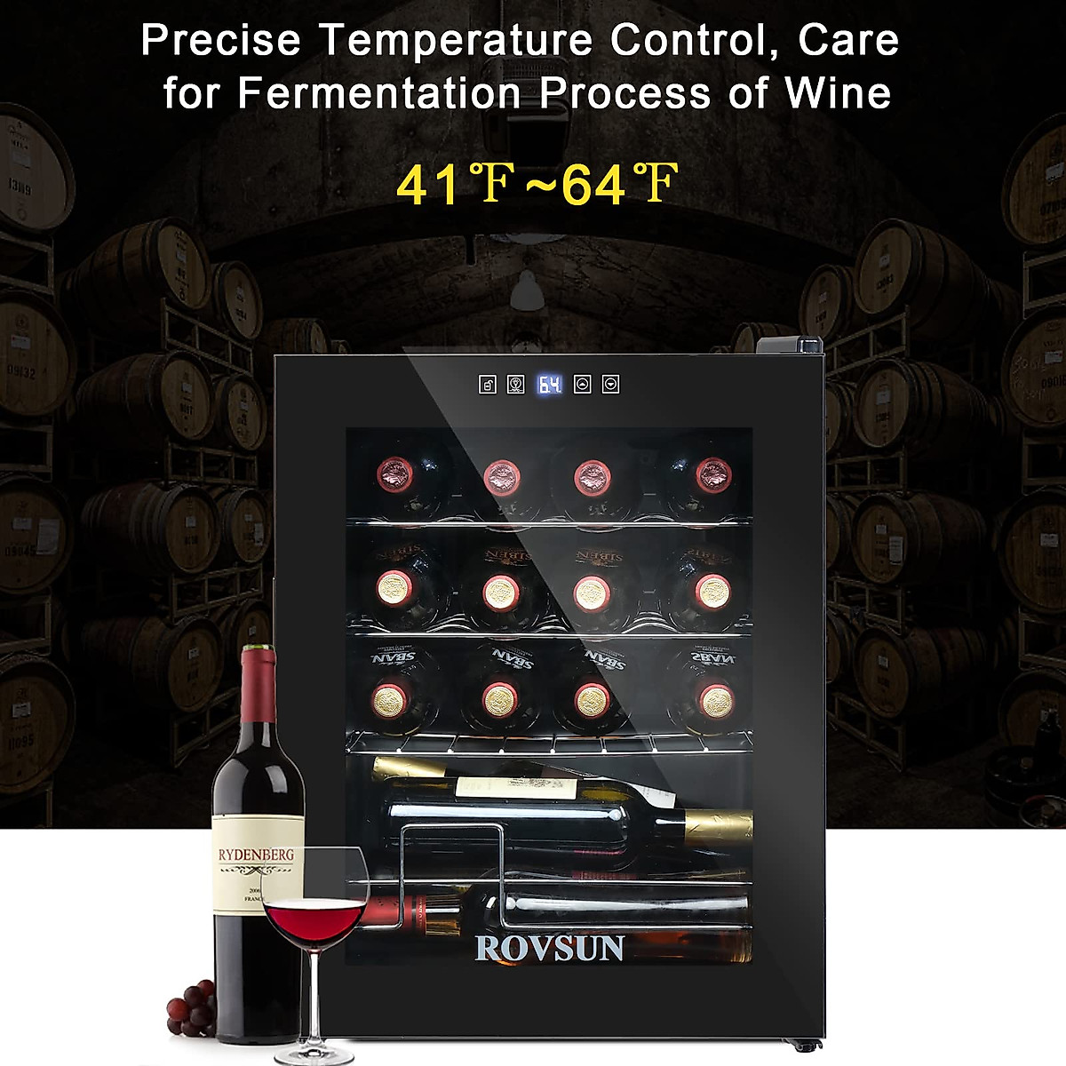 16 Bottle Wine Fridge, Freestanding Compressor Cooler Refrigerator, Beverage Wine Cooler Chiller with Digital Temperature Control & Double-layer Glass Door for Red White Wine, Champagne, Beer