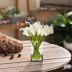 ENOVA FLORAL 20 Pieces Real Touch Lilies Artificial Flowers with Vase, Faux Calla Lily Flowers Arrangement with Faux Water in Glass Vase for Dining Table Decor, Wedding Centerpieces (White)