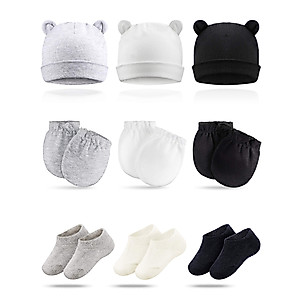 Baby Hats Mittens and Socks Set Including 3 Pieces Cute Newborn Hats Bear Ears Infant Beanies Caps 6 Pieces No Scratch Baby Mittens and 6 Pieces Non-Slip Baby Ankle Socks for Boys and Girls