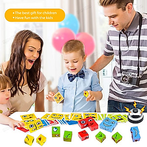 Wooden Face Changing Magic Cube Game, Expression Puzzle Building Blocks Pattern Matching Game with Bell, Educational Puzzles Toy Board Games for Kids and Adults