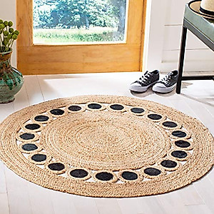 SAFAVIEH Natural Fiber Round Collection 3' Round Beige / Black NF370Z Handmade Boho Woven Jute & Leather Area Rug