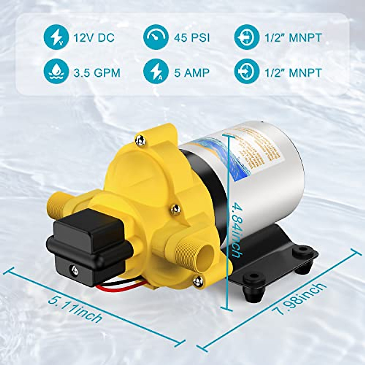CircleRiver Premium RV Fresh Water Pump 3.5GPM 45PSI 12V DC Self Priming Diaphragm Water Pump for RV Quiet Water Pump with Pressure Switch for Yacht, Marine [Upgrade]