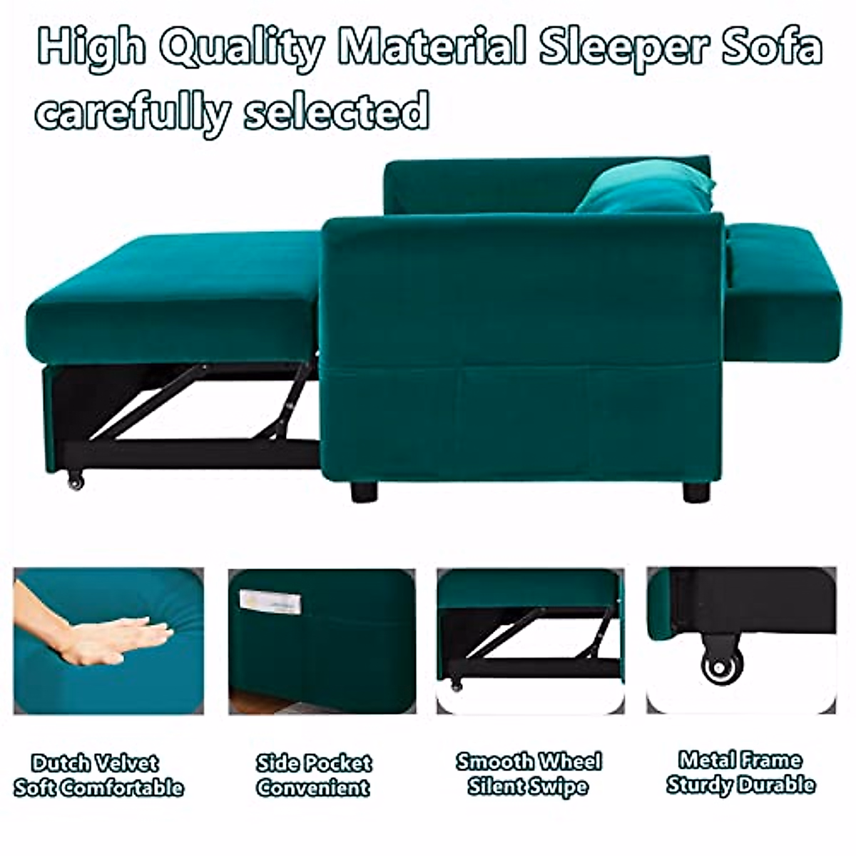 Gynsseh Convertible Sleeper Sofa Bed, 3 in 1 Pull Out Sofa Sleeper with Pillows and Side Storage Pocket, Soft Velvet Love Seat Lounge Sofa Bed for Living Room, Teal, from Twin to Full Size