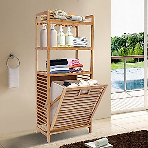 Tilt Out Bamboo Laundry Hamper, Laundry Basket with 3 Shelves Bathroom Cabinet Organizer,4 Tier Shower Caddy Shelf Rack for Bedroom, Bathroom, Closet, Laundry Room
