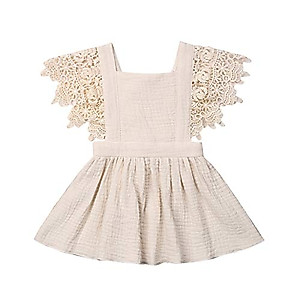 Toddler Baby Girl Infant Comfy Cotton Linen Lace Princess Overall Dress Sundress (Beige, 9-18 Months)