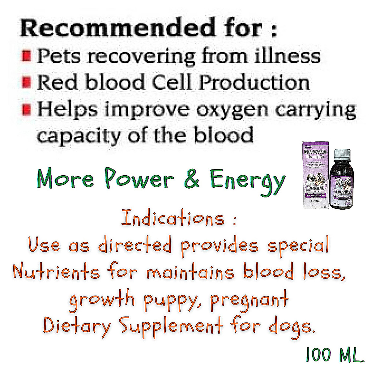 PROFERRIC 100 CC. Tonic Liquid Best Pet Booster Blood Support for Dogs Puppies Iron & Multi Vitamins Supplement Fast Increasing Animal Immunity Energy & Power, Folic B6 B12 Promotes Red Blood Cell