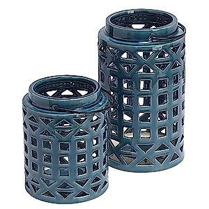 Elements Decorative Ceramic Cut Out Lanterns, Blue, Set of 2, 7 and 10 Inch
