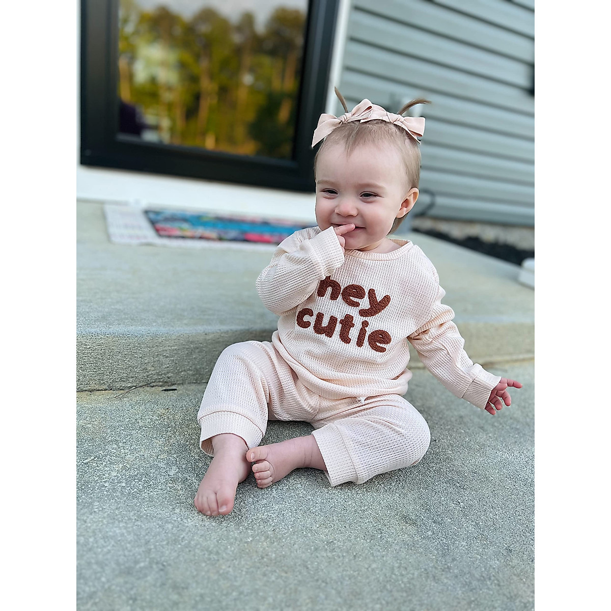 Toddler Baby Girl Boy Fall Winter Waffle Outfit Set Letter Printed Long Sleeve Sweatshirt Tops + Pants (Apricot, 6-12 Months)