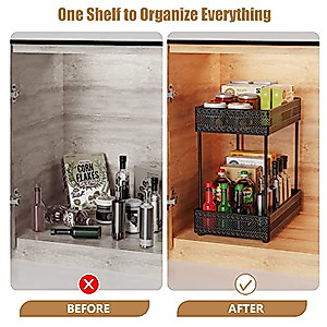 Under Sink Organizers and Storage, Metal Bathroom Organizers Countertop with 4 Hooks, 2 Tiers Under Cabinet Organziers and Storage, Under Kitchen Sink Organizers and Storage with 4 Non-Slip Feet