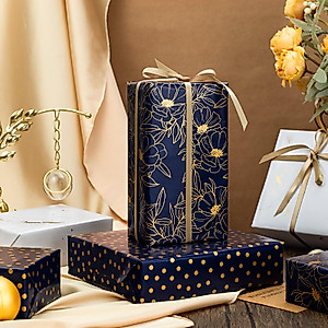 Yarcony Gift Wrapping Paper Roll - 17 Inch X 120 Inch Per Roll Luxury Navy Gold Flower, Polka Dot & White Gold Marble Gift Wrap Paper for Men Birthday, Father's Day, Christmas, Holiday, Graduation