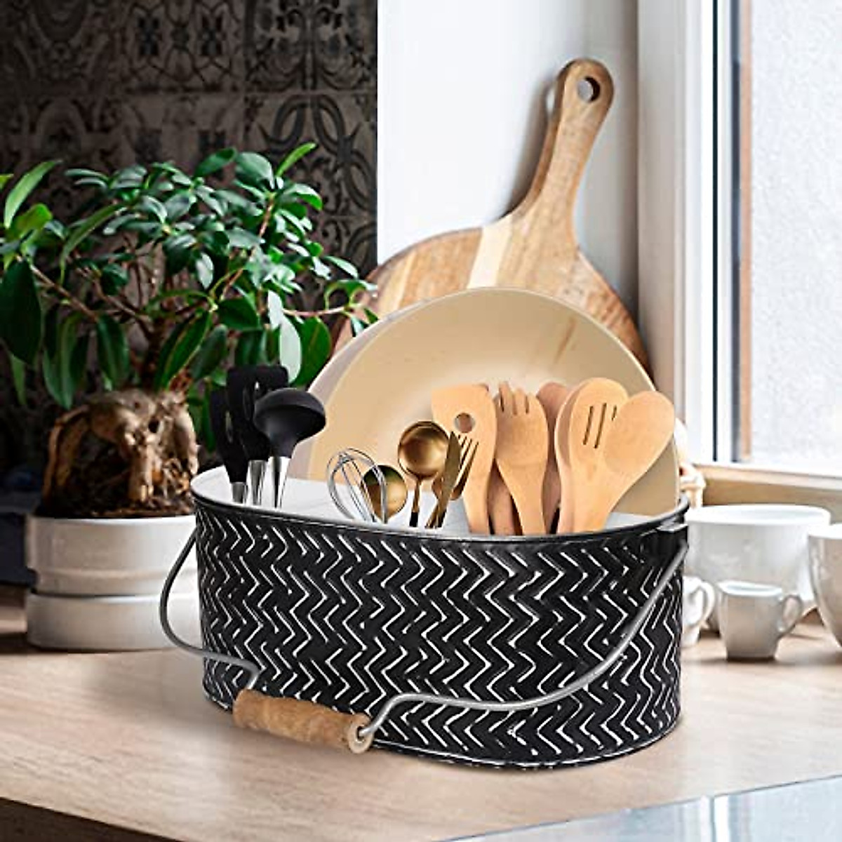 Utensil Caddy,Galvanized Bucket,Galvanized Utensil Holder,Silverware Caddy,Metal Caddy,Outdoor Utensil Caddy,Tin Utensil Holder,Utensil Caddy for Parties,Picnic Caddy,Farmhouse Utensil -Antique Black