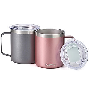 SUNWILL Travel Coffee Mug with Lid, Insulated Tumbler with Handle, 14 oz Stainless Steel Cup Set of 2 for Camping, Outdoor, Cool Grey & Rose Gold 2 Pack