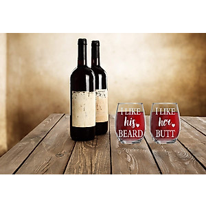 I Like His Beard, I Like Her Butt - 15oz Crystal Wine Glasses - Couples Stemless Wine Glasses – His And Hers Gifts Ideas For Anniversary, Weddings, Bridal Showers