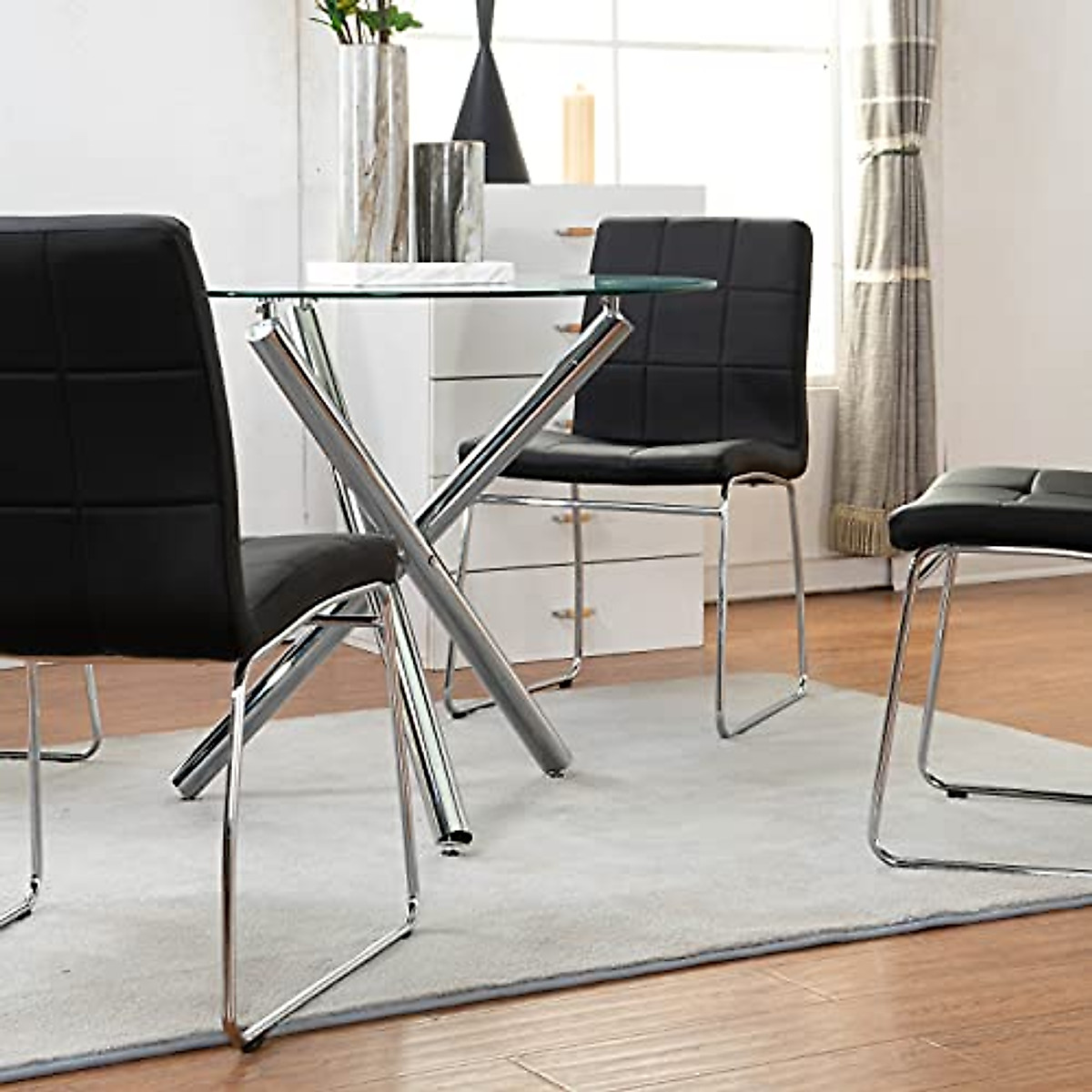 Modern Dining Table Set for 2 Round Glass Table and Faux Leather Chairs Set 3 Piece Dining Set for Kitchen,Dining Room,Afternoon Tea (Table + 2 Black Chairs)