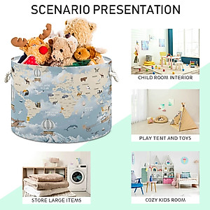 Extra Large Round Basket with Thick Thread Cotton Rope Handle - Animals Travel World Map Decor,Waterproof Canvas Blanket Clothes Laundry Basket Hamper,Nursery Kids Baby Toy Basket Home Organizing Stor