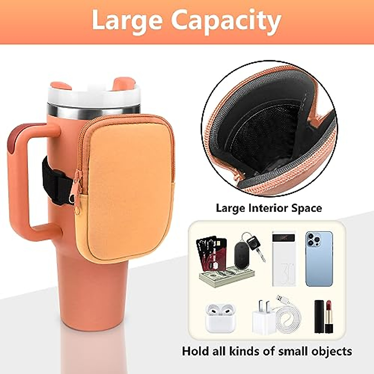 WUQID Adjustable Water Bottle Pouch for Stanley Quencher Adventure & Stanley IceFlow 20oz 30oz 40oz, Gym Accessories for Women Men, Tumbler Pouch Bag with Cards, Keys, Wallet, Earphone,Compact