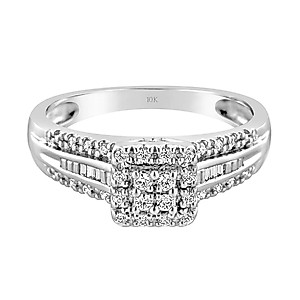 Brilliant Expressions 10K White Gold 1/5 Cttw Conflict Free Diamond Square Halo and Baguette Channel Band Engagement Ring (I-J Color, I2-I3 Clarity), Size 7