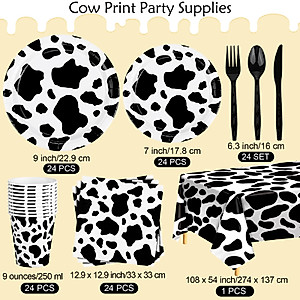 durony 169 Pieces Cow Print Party Tableware Serves 24 Include Party Plates Spoons Forks Knife Cups Napkins Cow Print Farm Animal Birthday Supplies for Baby Shower Farm Cow Themed Decorations