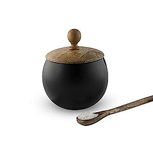 GoCraft Sugar Bowl with Wooden Lid and Spoon for Home and Kitchen, Drum Shape (Matte Black Finish)