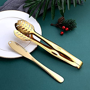 Gold Serving Utensils, OGORI 8-Piece Polished Stainless Steel Flatware Silverware Set Include Serving Spoon, Slotted Spoon, Soup Spoon, Cake Server, Fork, Salad Fork, Butter Knife, Serving Tong
