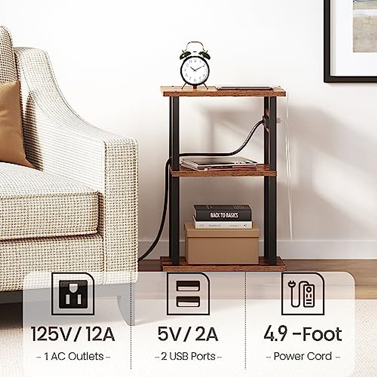 TUTOTAK Small Narrow Side Table with Charging Station, Set of 2 Skinny End Table for Small Spaces, Slim Nightstand with USB Ports and Outlet,Sofa Beside Table with Wheels, Brown TB01BB047