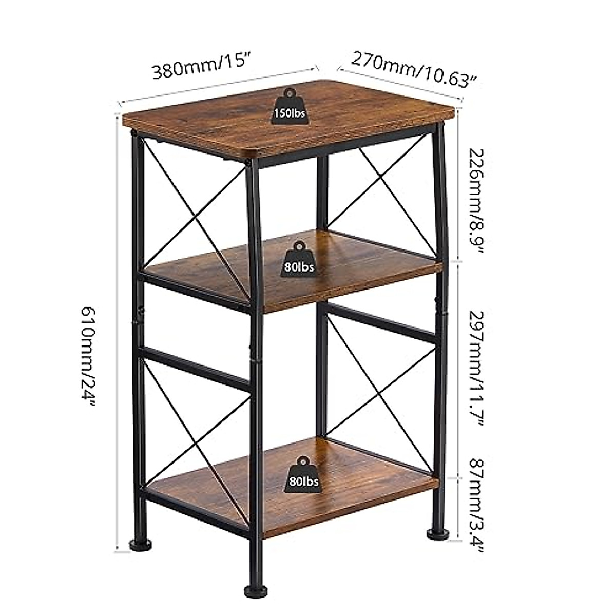 ruboka 3-Tier Small End Table, Small Side Table with Storage Shelf, Small Bookshelf with Metal Frame for Small Spaces, Nightstand, Bookcase, Display Rack for Bedroom, Living Room.
