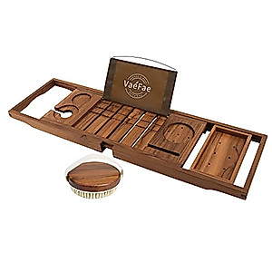 Teak Bathtub Tray, Expandable Wooden Bath Tray for Tub with Wine and Book Holder, Solid Bathroom Caddy with Free Teak Body Brush