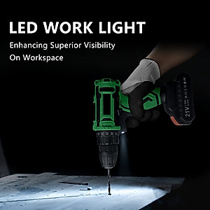 Cordless Drill Driver Set 21V, Power Drill Cordless 23PCS with Batteries 1500mAh, 25+1 Torque Hammer Drill, 3/8" Chuck, 2 Speed, 0-600 RPM/0-1300 RPM Variable Speed, LED Light for Home