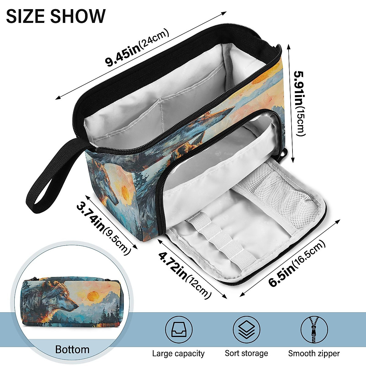 SUABO Big Capacity Pencil Case Oil Print Wolf Forest Pouch Pen Case Pencil Box Stationery Bag Makeup Bag Office Organizer for Adults