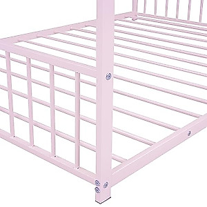 HANLIVES Full House Bed for Kids, Metal Floor Bed Frame Full with Headboard and Footboard, Full Kids Bed Floor Bed for Toddlers, Girls, Boys(Pink)