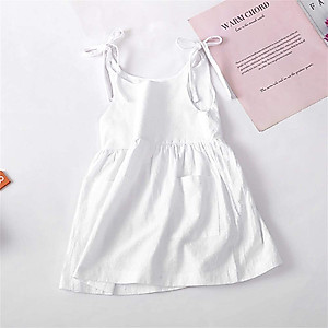 Toddler Baby Girl Summer Cotton Linen White Dresses Bow Straps Sleeveless with Pockets Little Girls Beach Sundress (White, 3-4T)