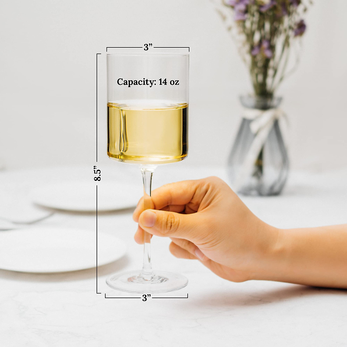 Bacador Square Wine Glasses Set of 4 - Cylinder Design Ideal for White and Red Wine - Modern Edge Crystal Stemware - Stunning Gift for Anniversaries - 14 oz