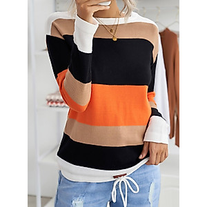 Dokotoo Womens Sweaters Round Neck Striped Cute Winter Pullover Sweaters for Women Trendy 2023 Drawstring Orange Medium