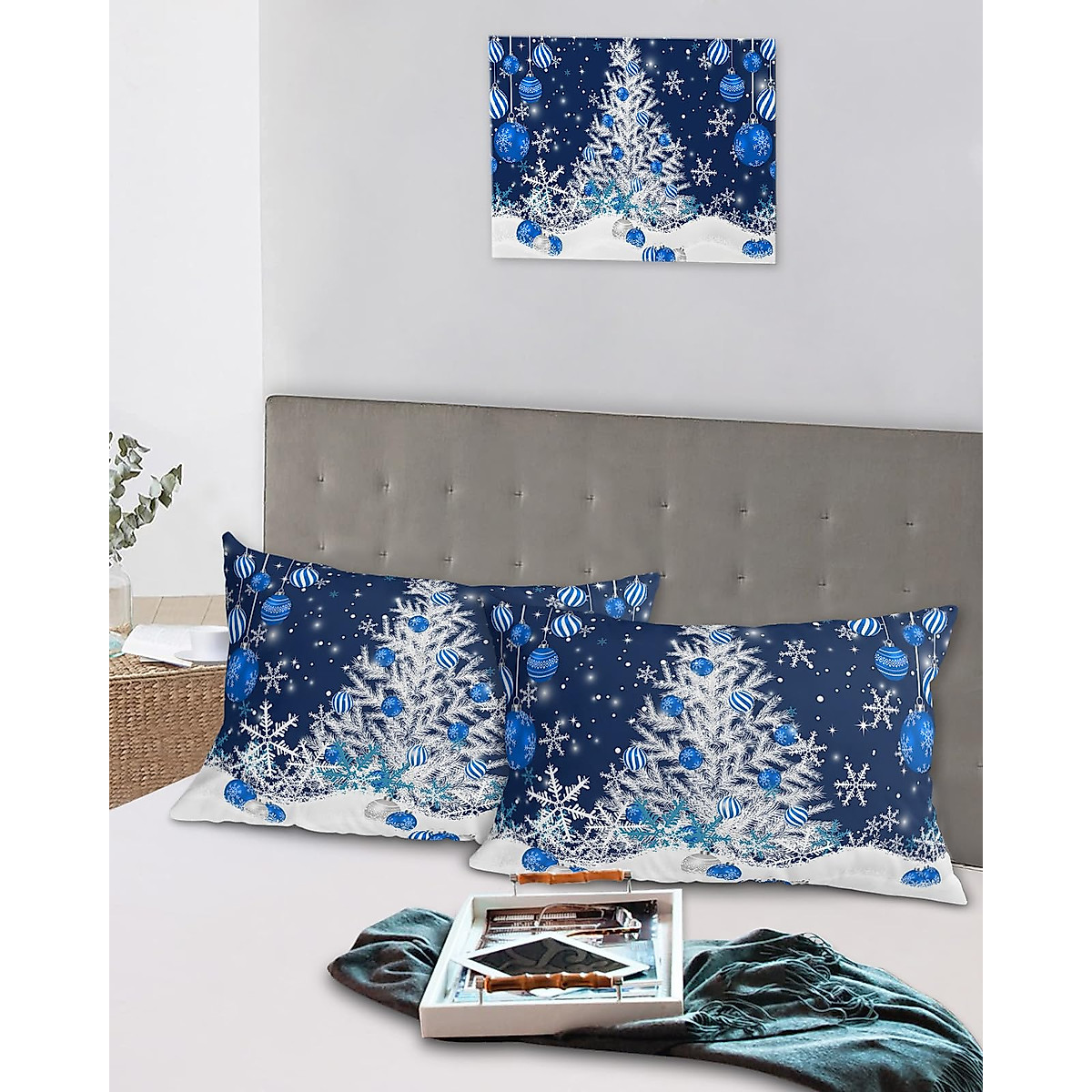 Hokiten Standard Size Pillow Cases Set of 2 - Christmas Tree, Microfiber Soft Pillowcases with Envelop Closure, Blue Fantasy Snowflake Xmas Ball Lumbar Pillow Cover for Sofa/Couch, 20x26 Inches