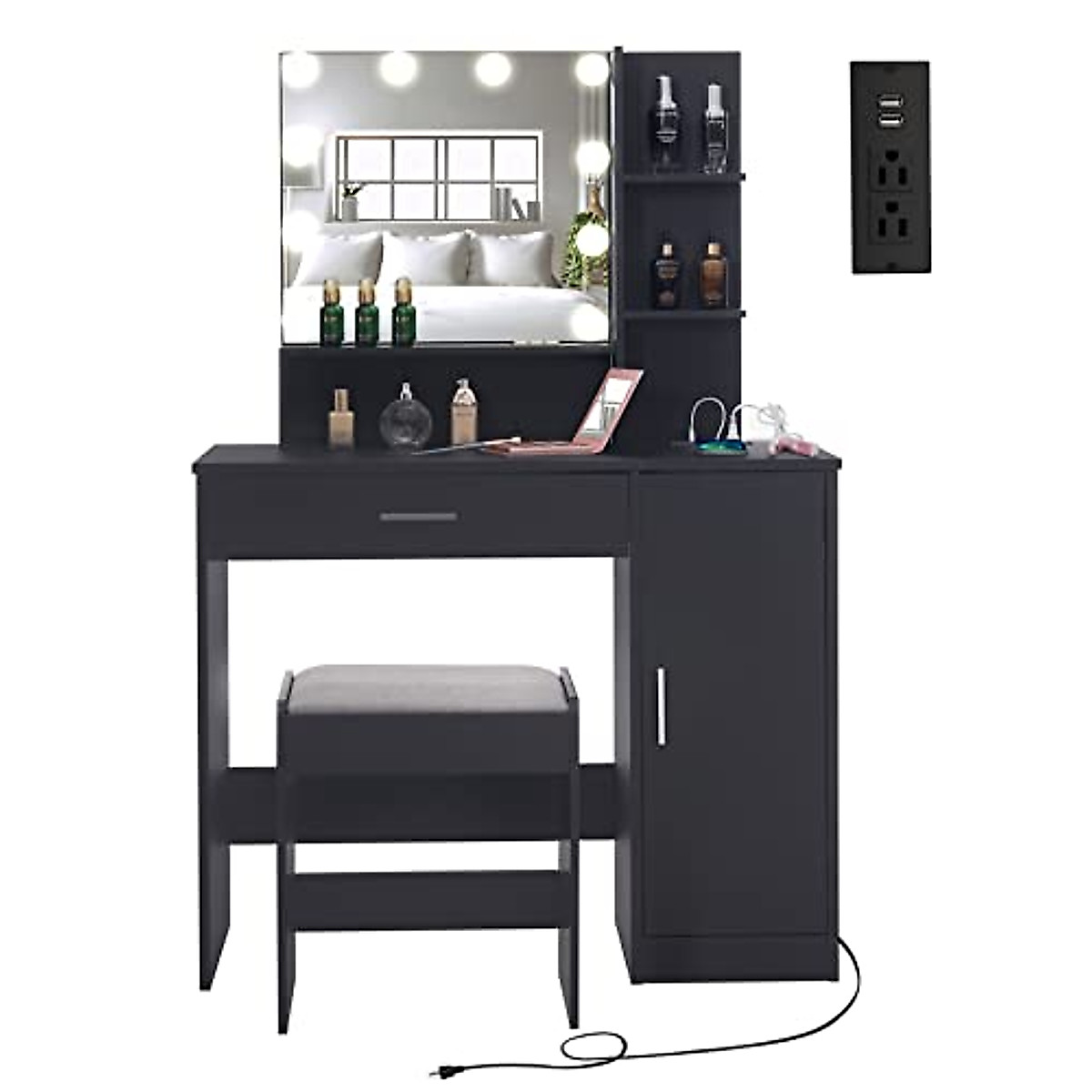 USIKEY Vanity Table Set with Lighted Mirror & Charging Station, Makeup Vanity Table with 1 Drawer, 1 Storage Cabinet, 10 LED Lights, Dressing Tables Vanity Desk with Cushioned Stool for Bedroom, Black