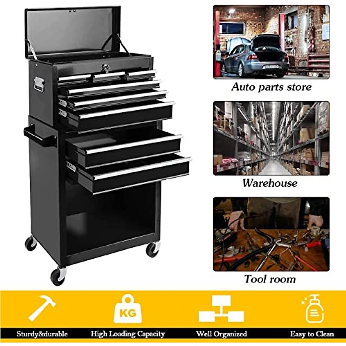 8-Drawer High Capacity Rolling Tool Chest, Removable Cabinet Storage Tool Box with Wheels and Drawers, Detachable Toolbox with Lock for Workshop Mechanics Garage