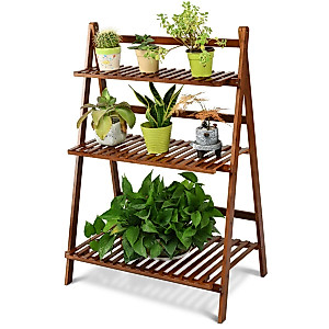 COSTWAY Bamboo Plant Stand, Foldable Multifunctional Flower Display Ladder Shelf, 3-Tier Storage Rack