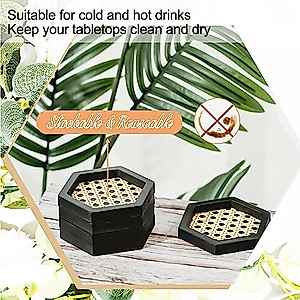 Rectangle Rattan Hometray Serving Tray with 4 Pcs Hexagon Rattan Black Coasters Ottoman Food Tray Rattan Decorate Basket Tray with Wooden Frame for Coffee Breakfast Drink Jewelry Accessory Square Tray
