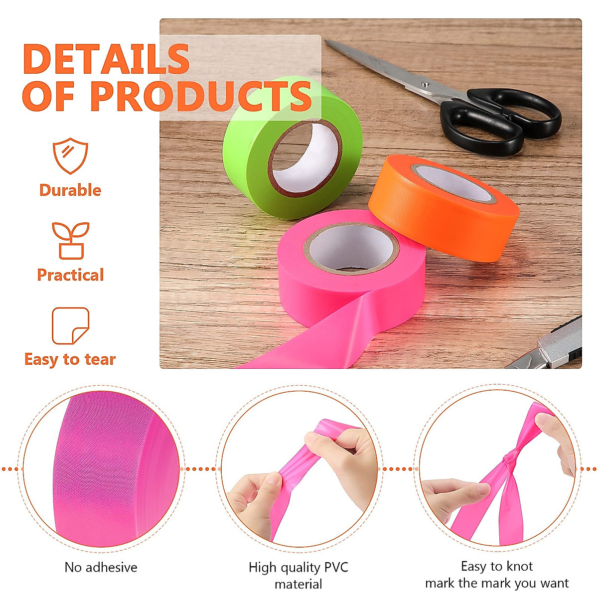 3 Pieces Flagging Tape Plastic Ribbon Multipurpose Neon Marking Tape Neon Flagging Tape 1 Inch Wide Non-Adhesive Tape for Boundaries and Hazardous Areas, Home and Workplace Use (Classic Colors)