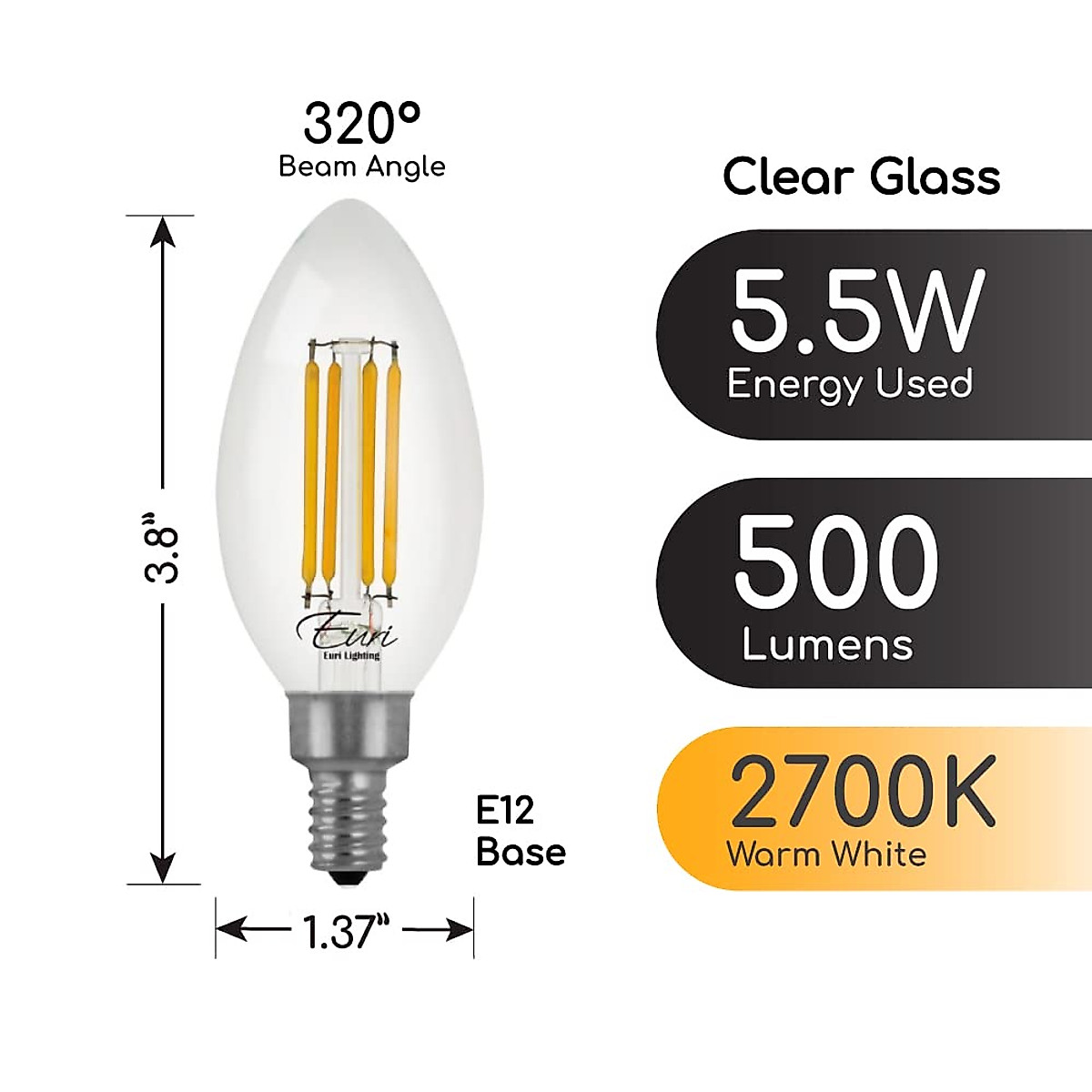 Euri Lighting VB10-3020cec-4, 4-Pack Dimmable LED B10 Filament, 5.5W (50W Equiv) 500lm, 90+ CRI, Warm White (2700K) E12, 120V, Wet Rated,JA8, CA Compliant 3YR 15K HR WTY