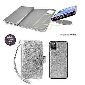 Newseego Compatible iPhone 11 Pro Max Leather Case 6.5 Inch,Glitter Faux PU Leather Magnetic Closure Multi-Credit Card Slot Cash Holder Detachable 2 in 1 Wallet Cover with Wrist Strap-Silver