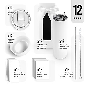 Hogg 20oz Edge Sublimation Tumbler Gift Set (12 Units), Sublimation Cups with Lids Straws and Accessories, Double Wall Insulated Stainless Steel Sublimation Blanks, 20 oz Skinny Tumblers Bulk